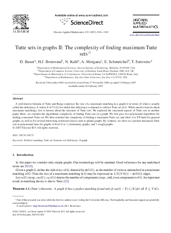 (PDF) Tutte sets in graphs II: The complexity of finding maximum Tutte sets