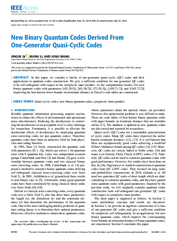 (PDF) New Binary Quantum Codes Derived From One-Generator Quasi-Cyclic ...