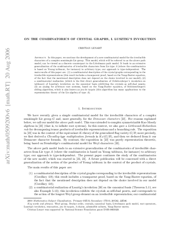(PDF) On the combinatorics of crystal graphs, I. Lusztig's involution