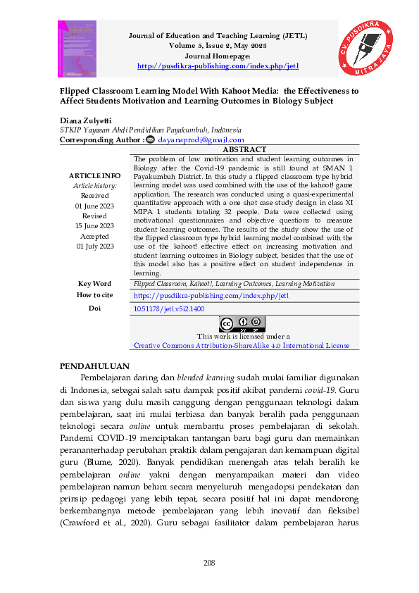 (PDF) Flipped Classroom Learning Model With Kahoot Media: the Effectiveness to Affect Students ...