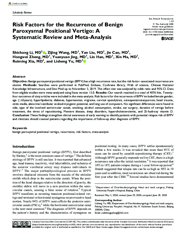 (PDF) Risk Factors for the Recurrence of Benign Paroxysmal Positional ...