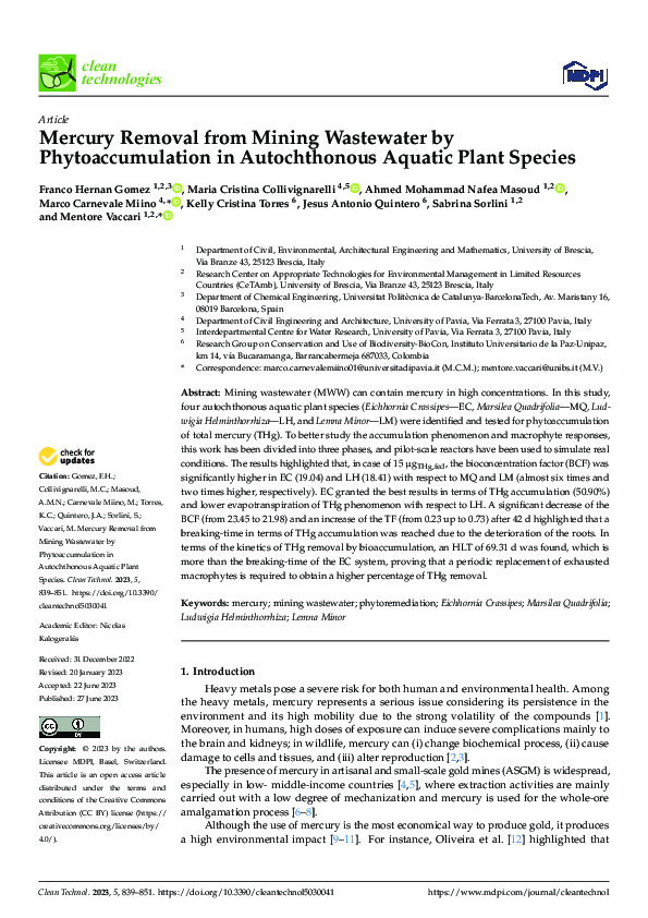 (PDF) Mercury Removal from Mining Wastewater by Phytoaccumulation in ...