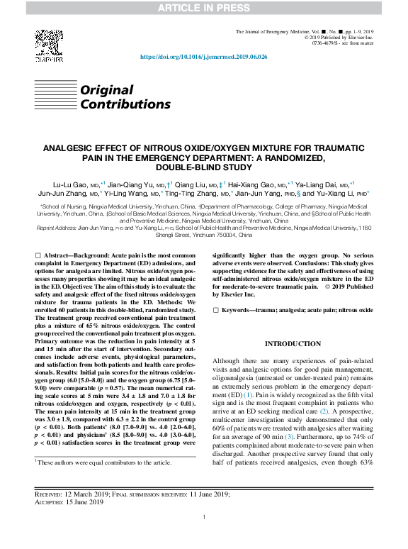 (PDF) Analgesic Effect of Nitrous Oxide/Oxygen Mixture for Traumatic Pain in the Emergency ...