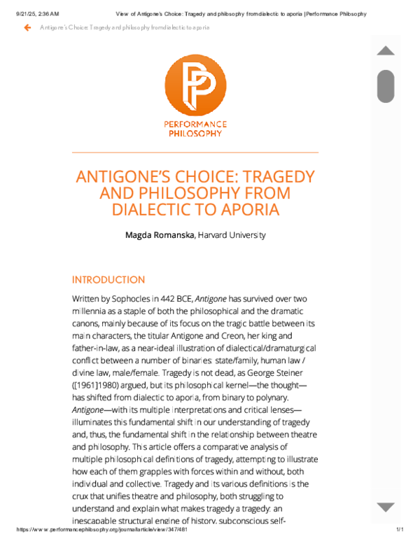 (PDF) Antigone’s Choice: Tragedy and Philosophy from Dialectic to Aporia