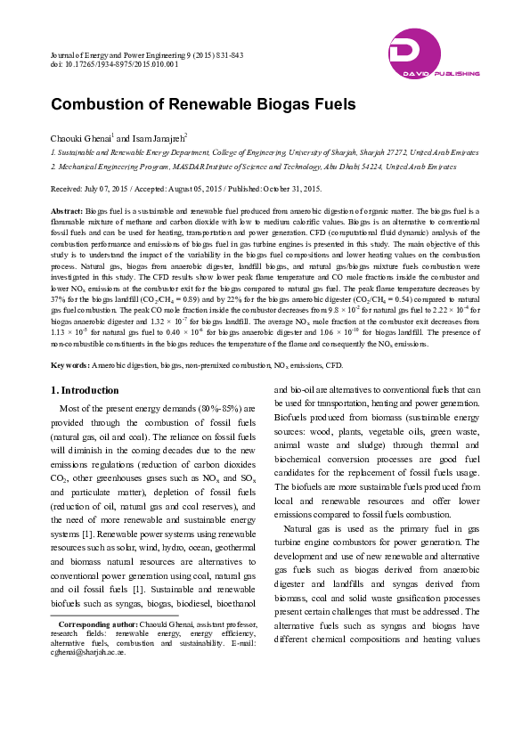 (PDF) Combustion of Renewable Biogas Fuels