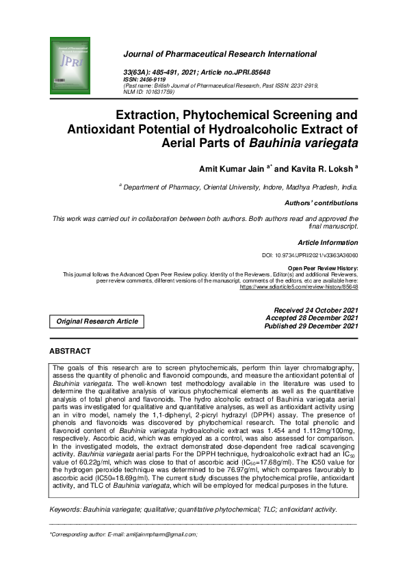 (PDF) Extraction, Phytochemical Screening and Antioxidant Potential of ...