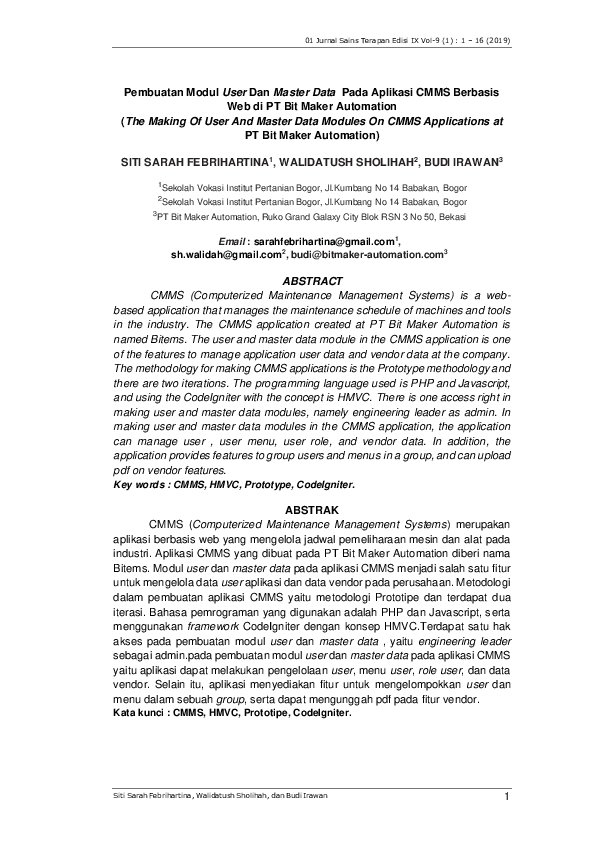 (PDF) Pembuatan Modul User Dan Master Data Pada Aplikasi CMMS Berbasis ...