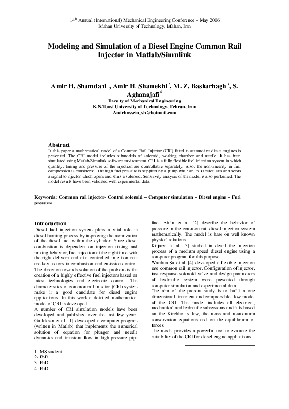 (PDF) Modeling and simulation of a diesel engine common rail injector ...