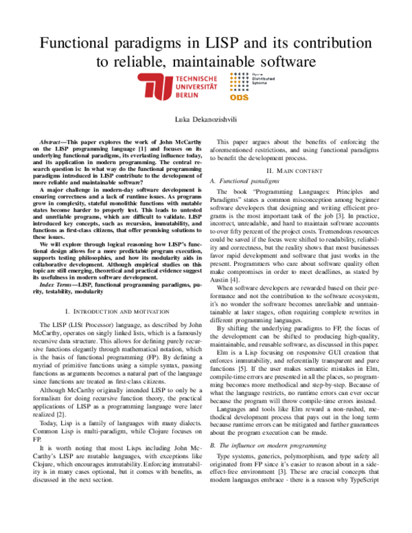 (PDF) Functional paradigms in LISP and its contribution to reliable, maintainable software