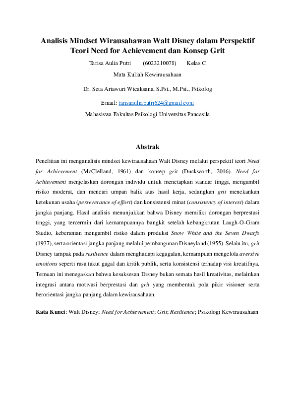 (PDF) Analisis Mindset Wirausahawan Walt Disney dalam Perspektif Teori ...