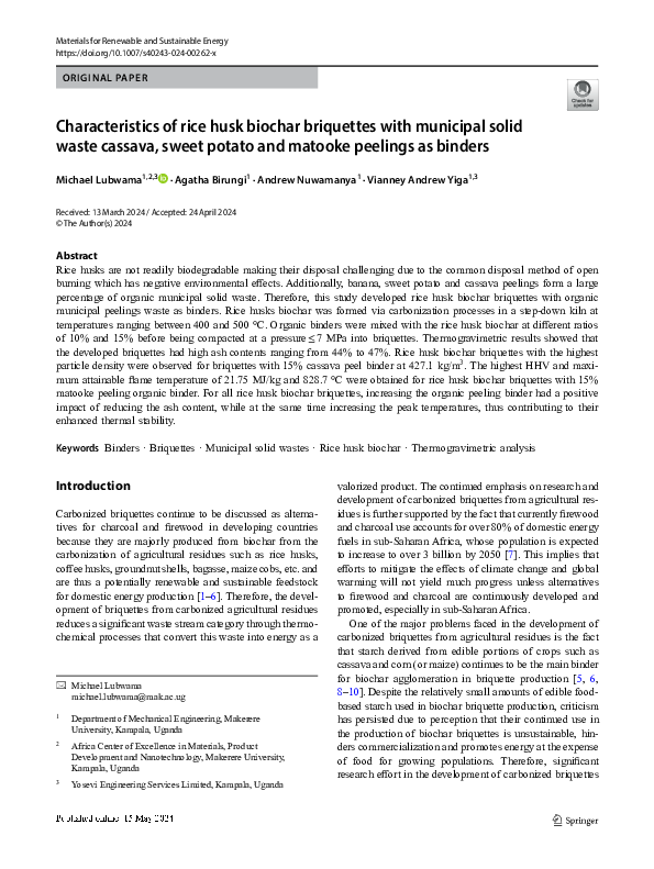 (PDF) Characteristics of rice husk biochar briquettes with municipal ...