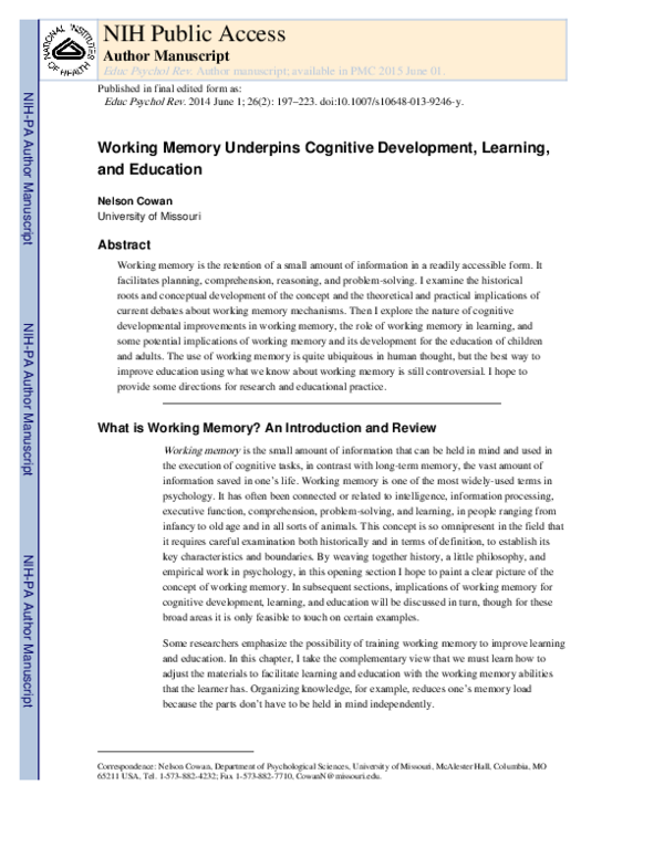 (PDF) Working Memory Underpins Cognitive Development, Learning, and ...