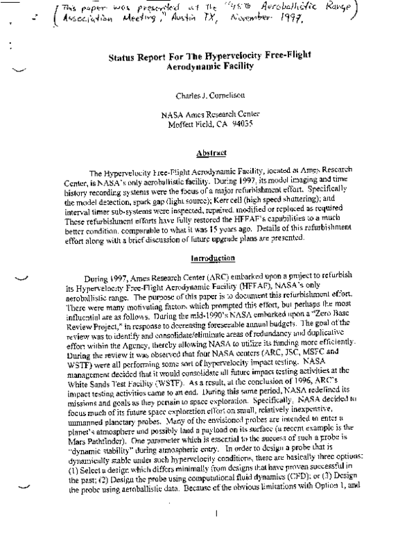 (PDF) Status Report for the Hypervelocity Free-Flight Aerodynamic Facility
