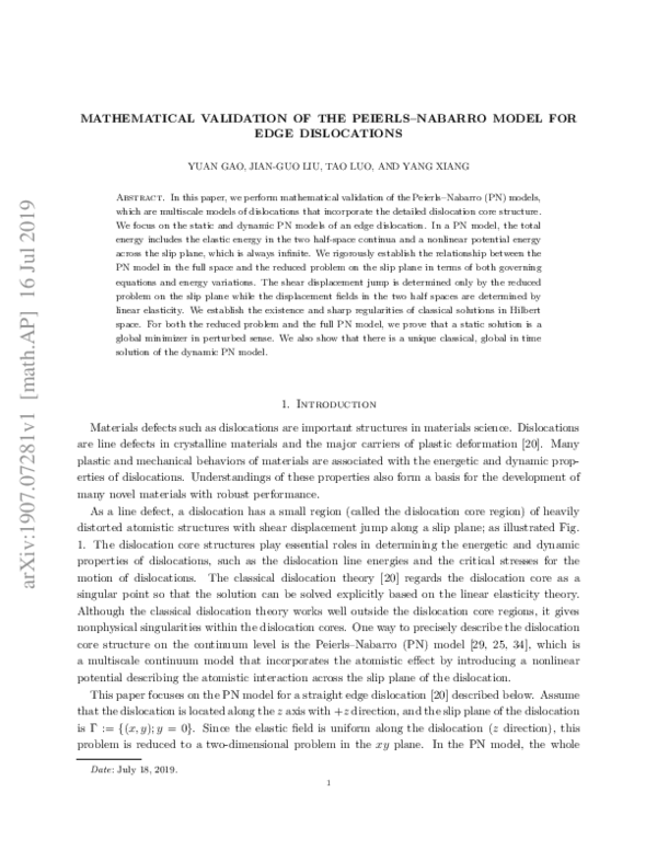 (PDF) Mathematical validation of the Peierls--Nabarro model for edge ...