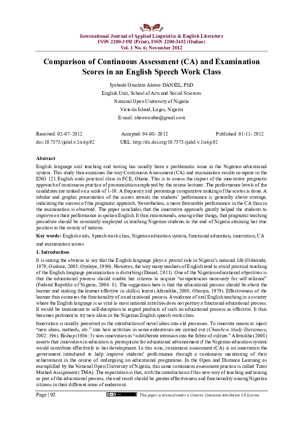 (PDF) Comparison of Continuous Assessment (CA) and Examination Scores ...