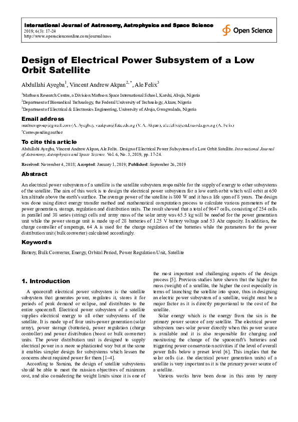 (PDF) Design of Electrical Power Subsystem of a Low Orbit Satellite