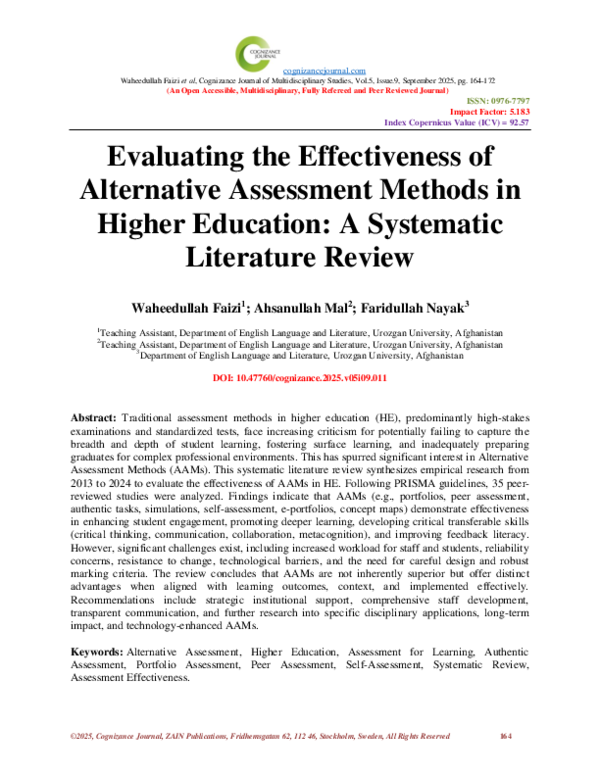 (PDF) Evaluating the Effectiveness of Alternative Assessment Methods in Higher Education: A ...