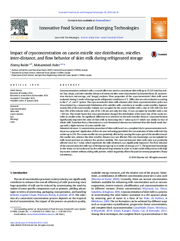 (PDF) Impact of cryoconcentration on casein micelle size distribution ...
