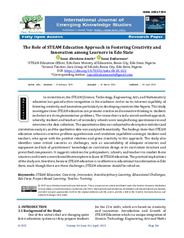 (PDF) The Role of STEAM Education Approach in Fostering Creativity and ...