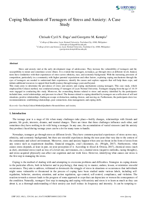 (PDF) Coping Mechanism of Teenagers of Stress and Anxiety: A Case Study