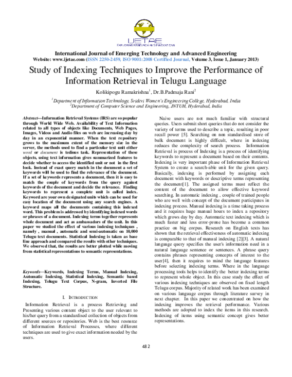 (PDF) Study of Indexing Techniques to Improve the Performance of ...