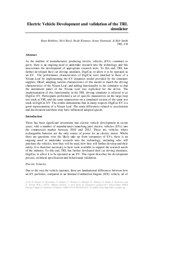 (PDF) Electric vehicle development and validation of the TRL simulator