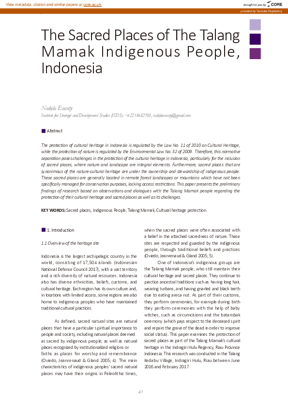 (PDF) The Sacred Places of The Talang Mamak Indigenous People, Indonesia