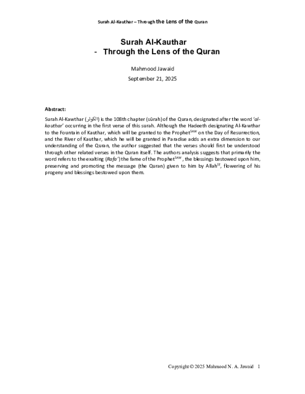 (PDF) Surah Al-Kauthar -Through the Lens of the Quran