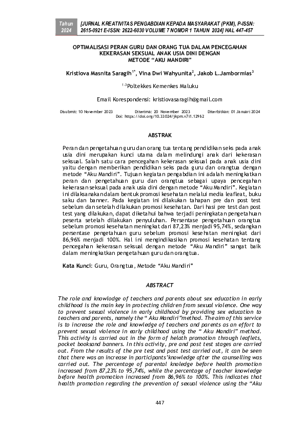 Pdf Optimalisasi Peran Guru Dan Orang Tua Dalam Pencegahan Kekerasan
