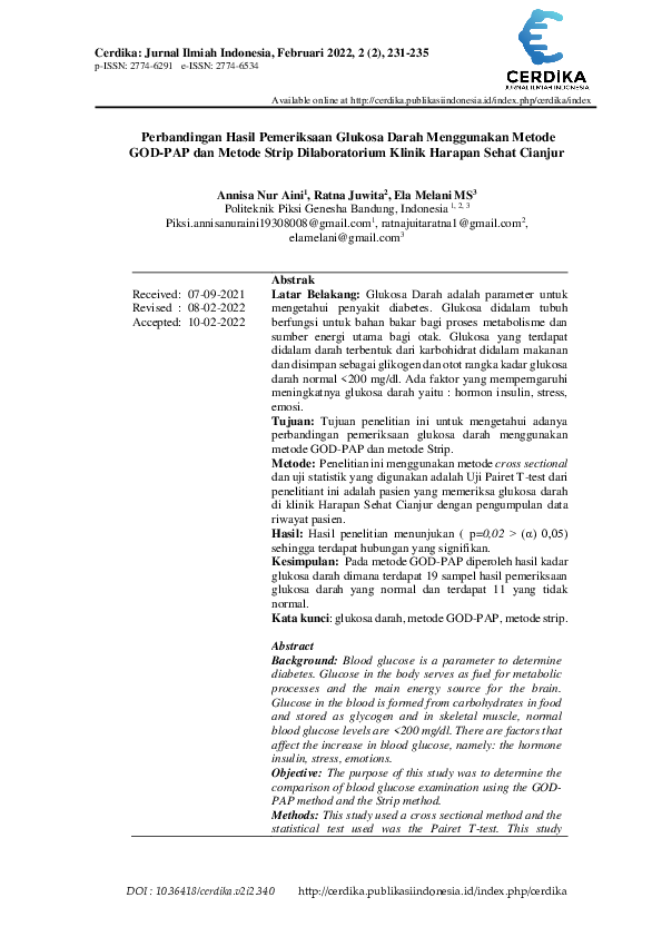 (PDF) Perbandingan Hasil Pemeriksaan Glukosa Darah Menggunakan Metode ...