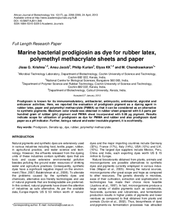 (PDF) Marine bacterial prodigiosin as dye for rubber latex, polymethyl ...