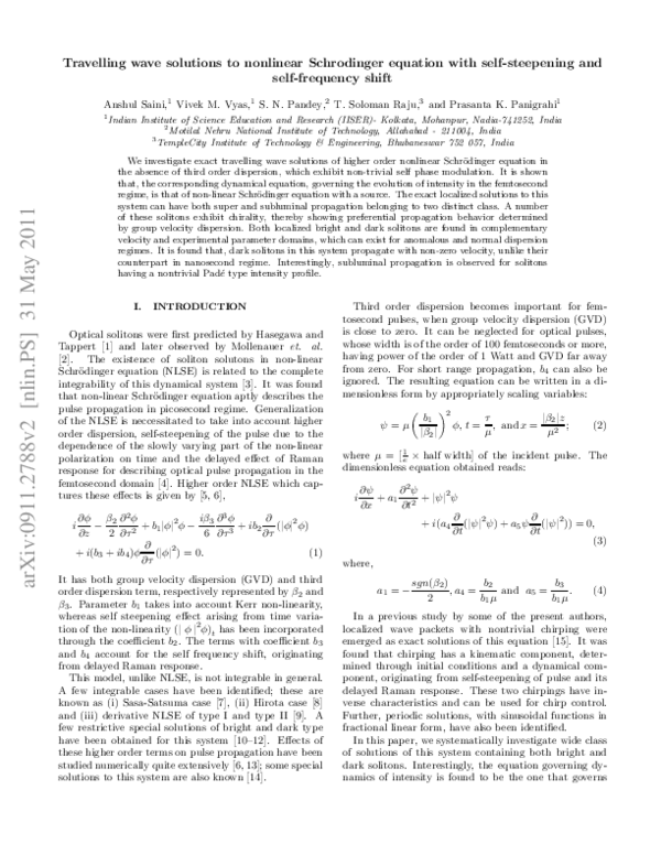 (PDF) Travelling wave solutions to nonlinear Schrodinger equation with self-steepening and self ...