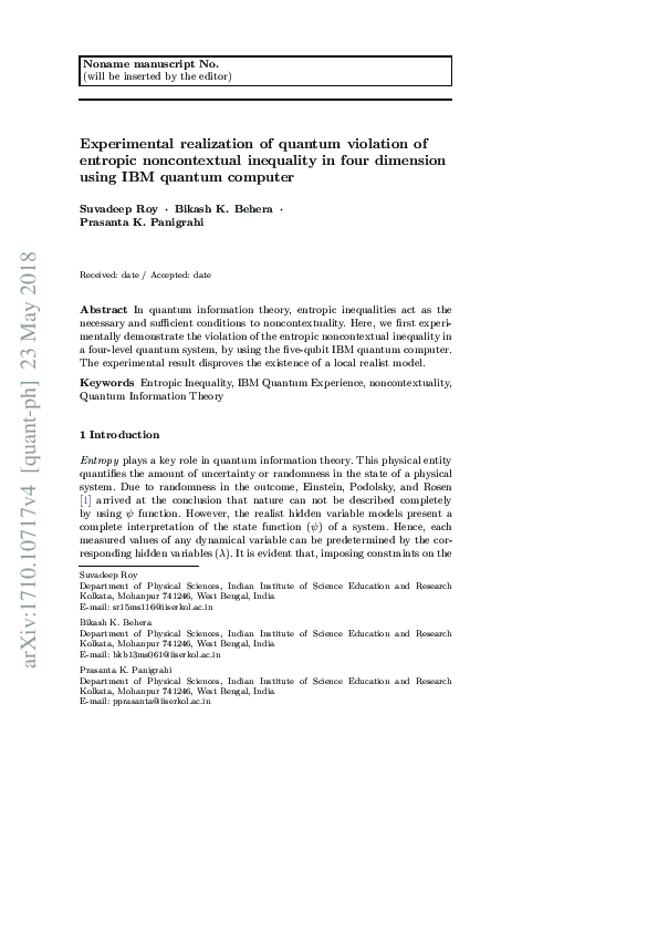 (PDF) Experimental Realization of Quantum Violation of Entropic Noncontextual Inequality in Four ...