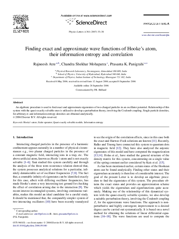 (PDF) Finding exact and approximate wave functions of Hooke's atom, their information entropy ...