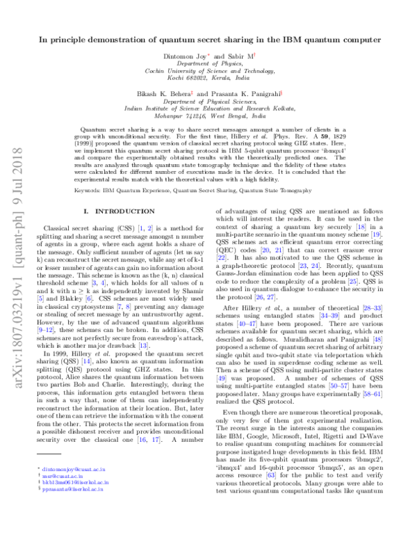 (PDF) In principle demonstration of quantum secret sharing in the IBM ...