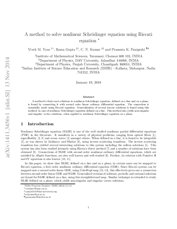 (PDF) A method to solve nonlinear Schr\"odinger equation using Riccati ...