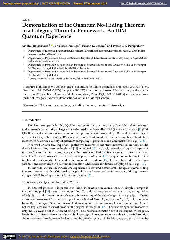(PDF) Demonstration of the Quantum No-Hiding Theorem in a Category Theoretic Framework: An IBM ...