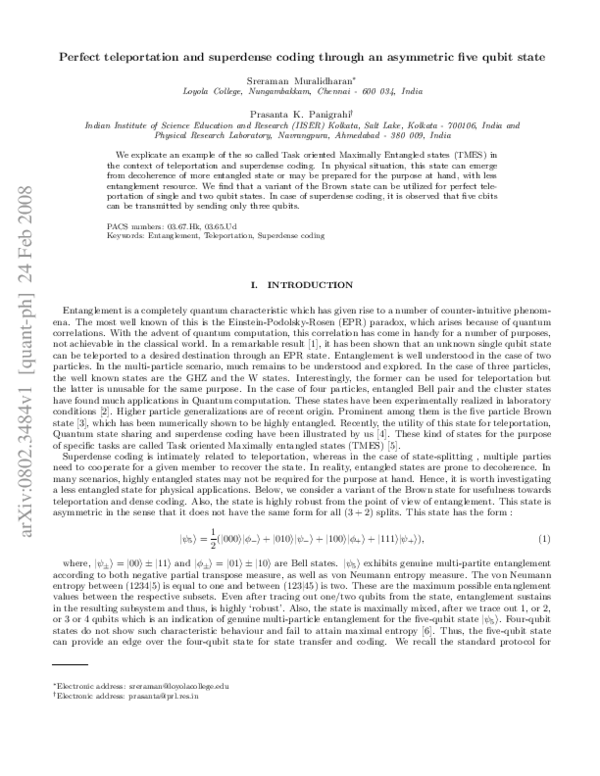 (PDF) Perfect teleportation and superdense coding through an asymmetric five qubit state