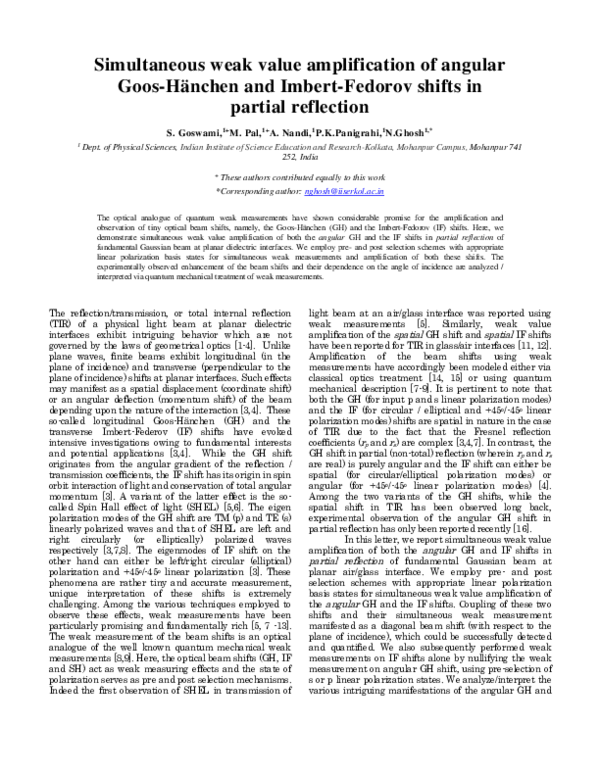 (PDF) Simultaneous weak value amplification of angular Goos–Hänchen and ...