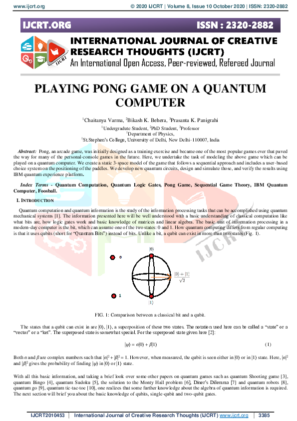 (PDF) Playing Pong Game on a Quantum Computer