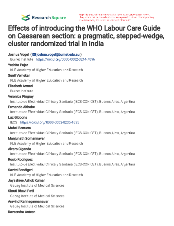 (PDF) Effects of introducing the WHO Labour Care Guide on Caesarean ...