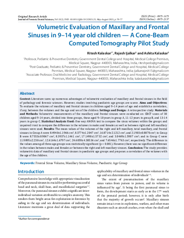 (PDF) Volumetric Evaluation of Maxillary and Frontal Sinuses in 9–14 ...