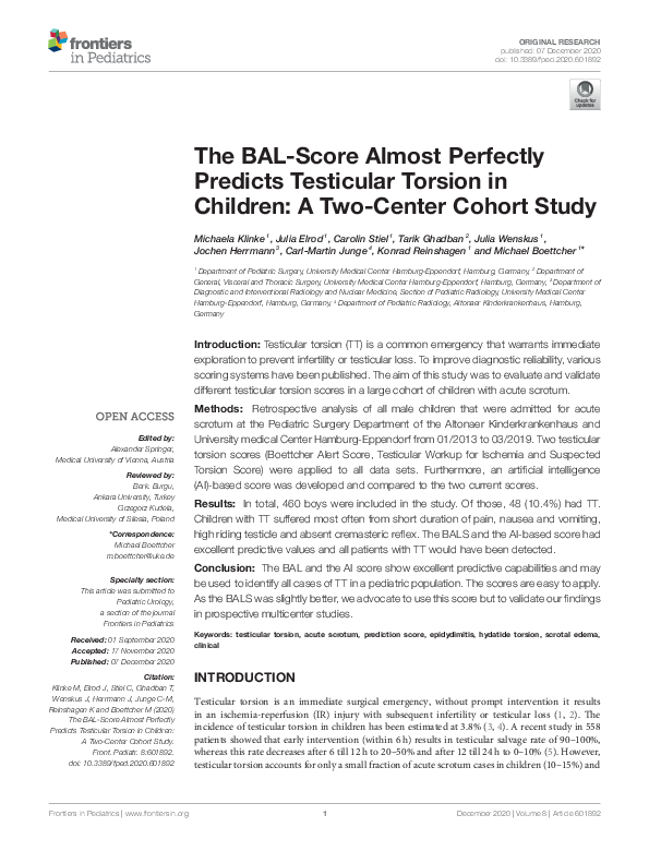 (PDF) The BAL-Score Almost Perfectly Predicts Testicular Torsion in ...