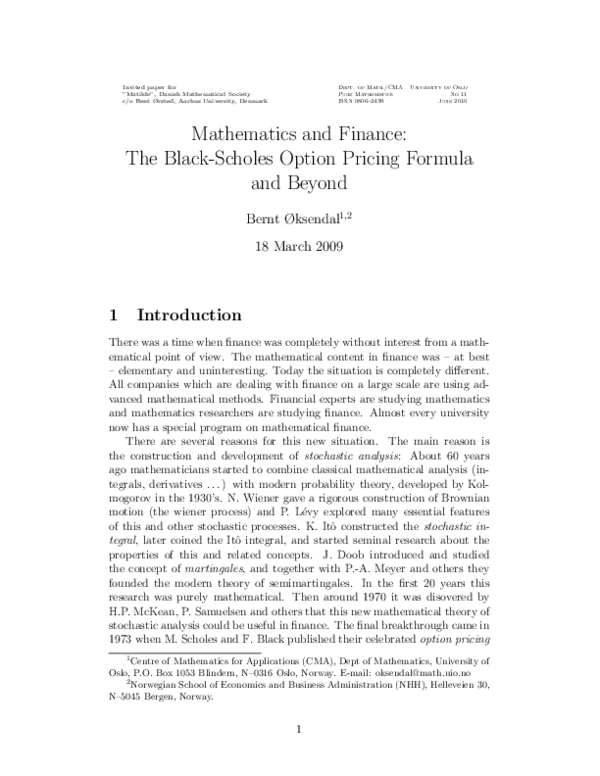 (PDF) Mathematics and Finance: The Black-Scholes Option Pricing Formula ...