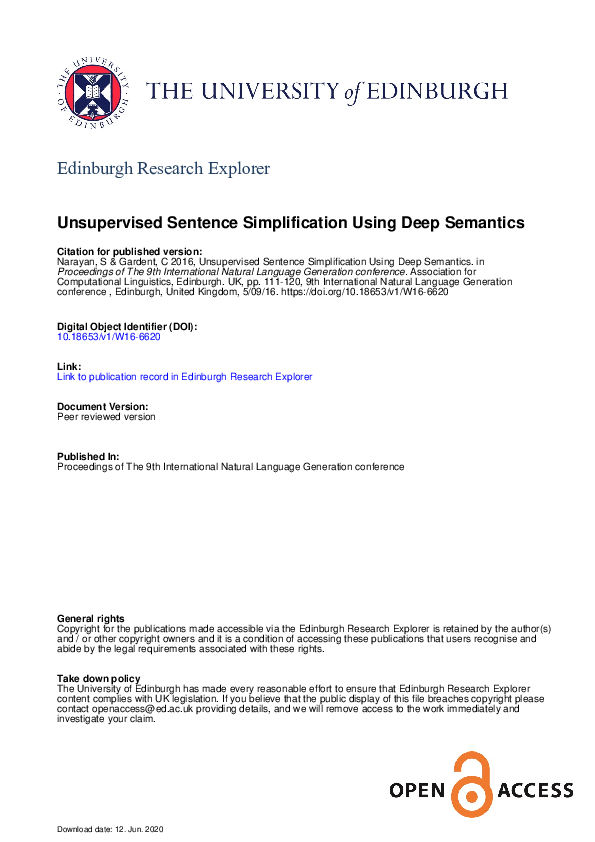(PDF) Unsupervised Sentence Simplification Using Deep Semantics