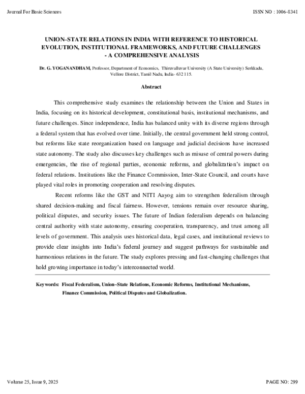 (PDF) UNION-STATE RELATIONS IN INDIA WITH REFERENCE TO HISTORICAL ...