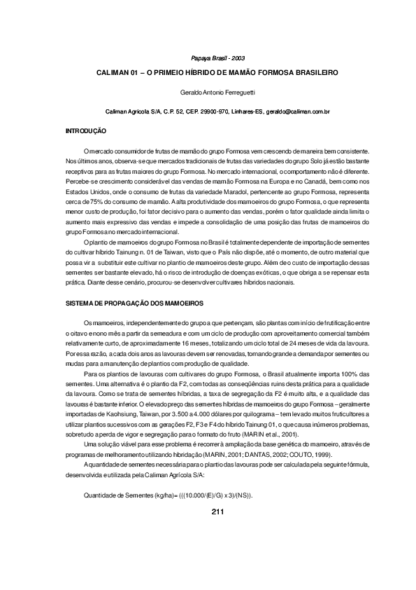 (PDF) CALIMAN 01 - O PRIMEIO HÍBRIDO DE MAMÃO FORMOSA BRASILEIRO
