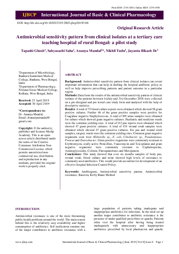 (PDF) Antimicrobial sensitivity pattern from clinical isolates at a ...