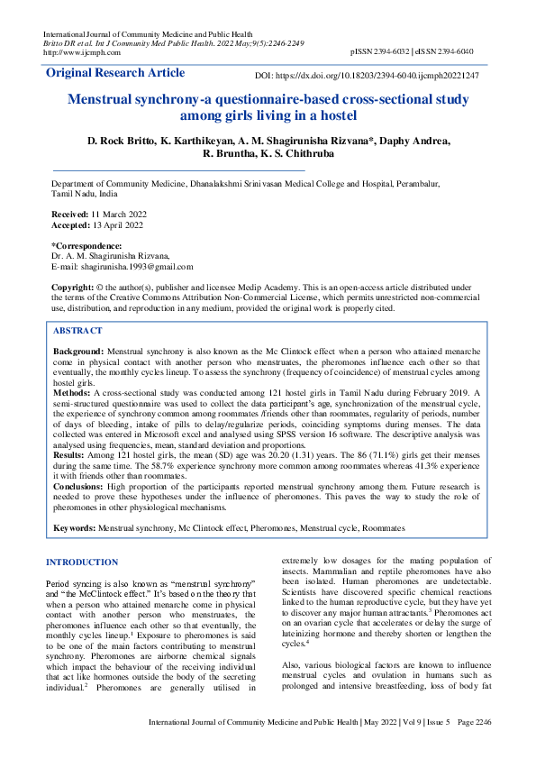 (PDF) Menstrual synchrony-a questionnaire-based cross-sectional study ...