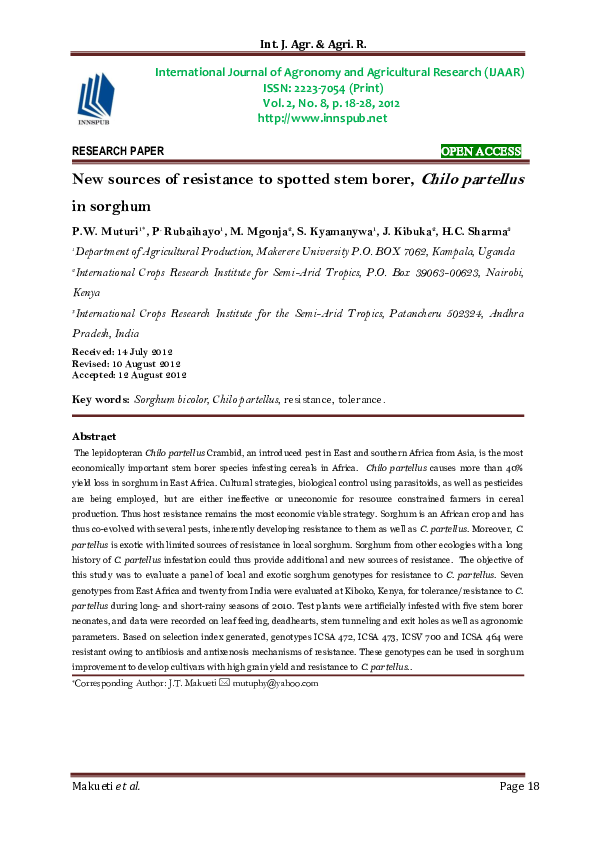 (PDF) New sources of resistance to spotted stem borer, Chilo partellus ...